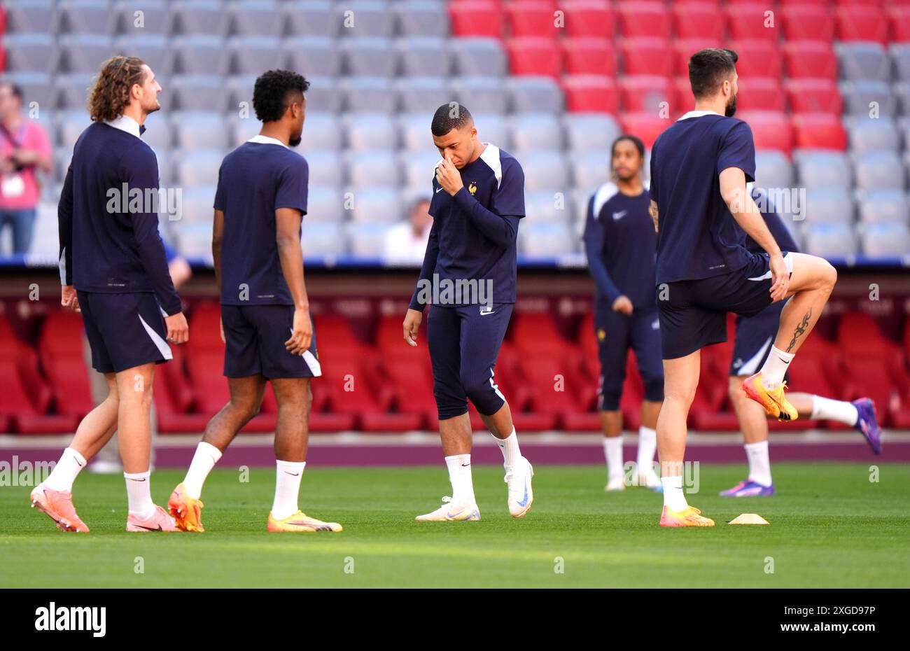 France's Kylian Mbappe (centre) during a training session at the Munich ...