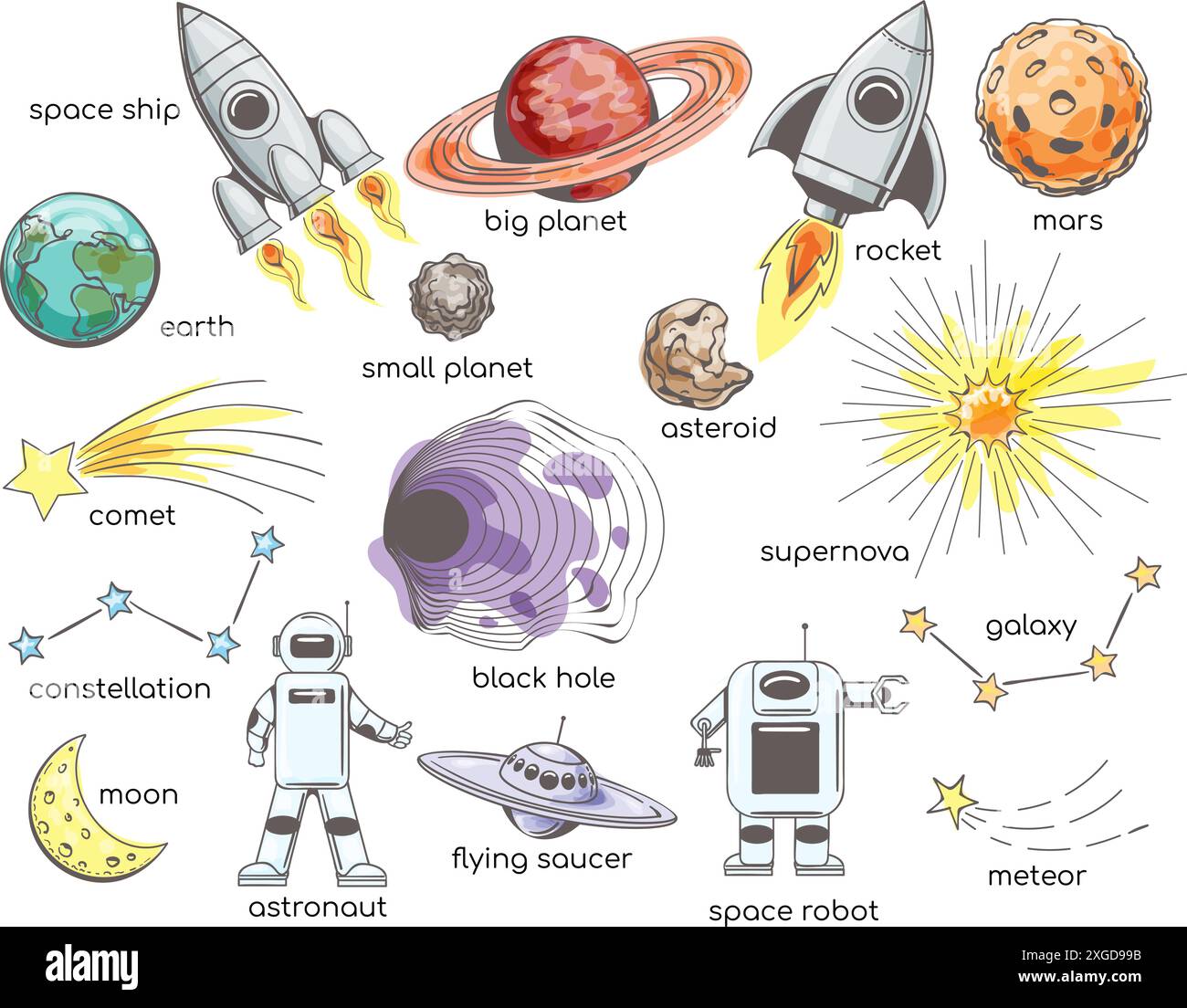 Astronautics colored doodle set Stock Vector Image & Art - Alamy