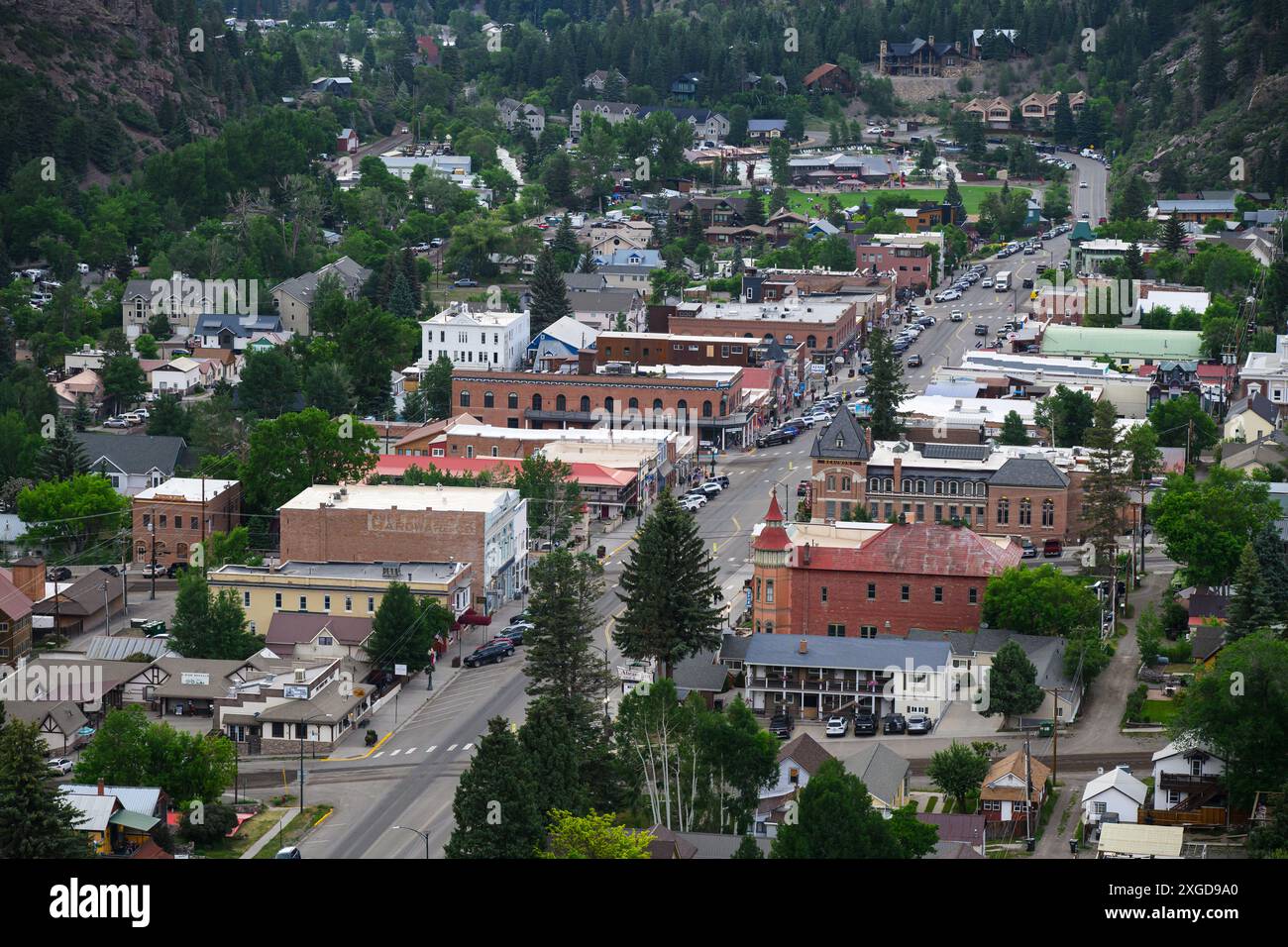 Ouray, CO, USA - June 13, 2024; Aerial view of Colorado mountain resort ...
