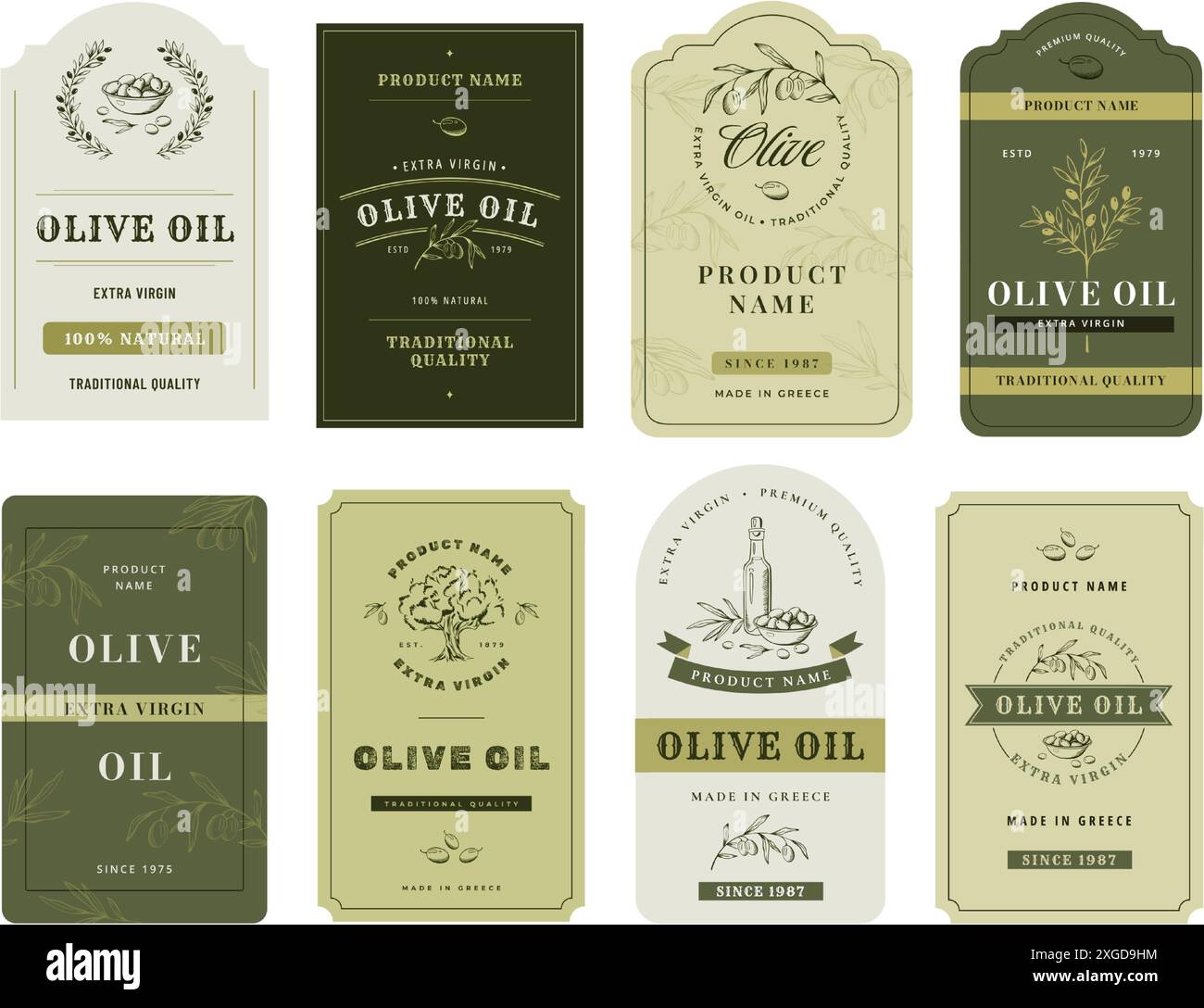 Olive oil label. Elegant hand drawn olive tree branches with leaves and ...