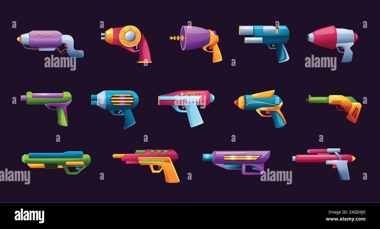 Futuristic cartoon blasters. Sci fi ray guns, space age weapons cartoon ...