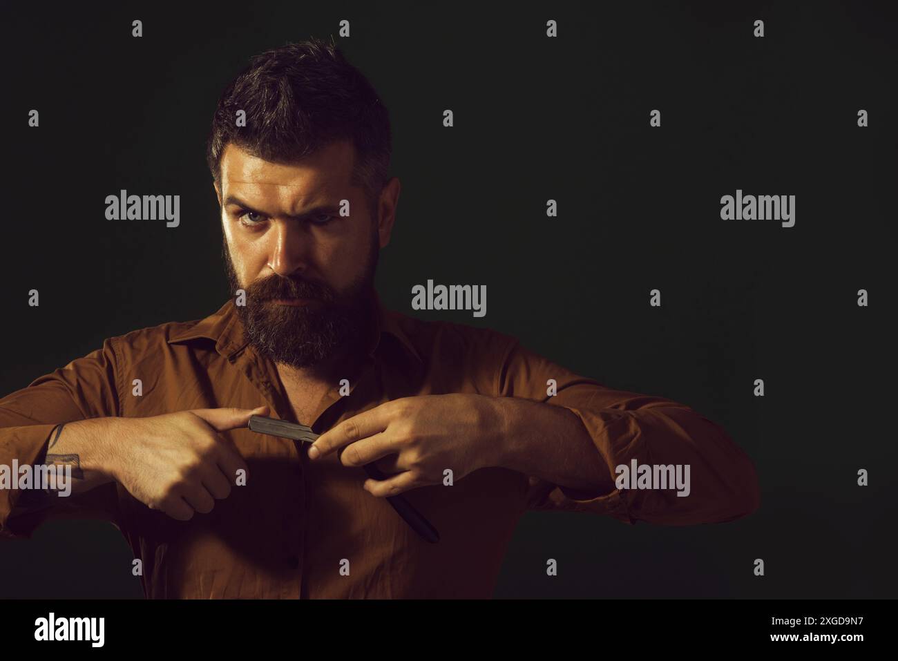 Barber shop advertising. Handsome hairdresser in stylish shirt showing ... Barber shop advertising. Handsome hairdresser in stylish shirt showing ...