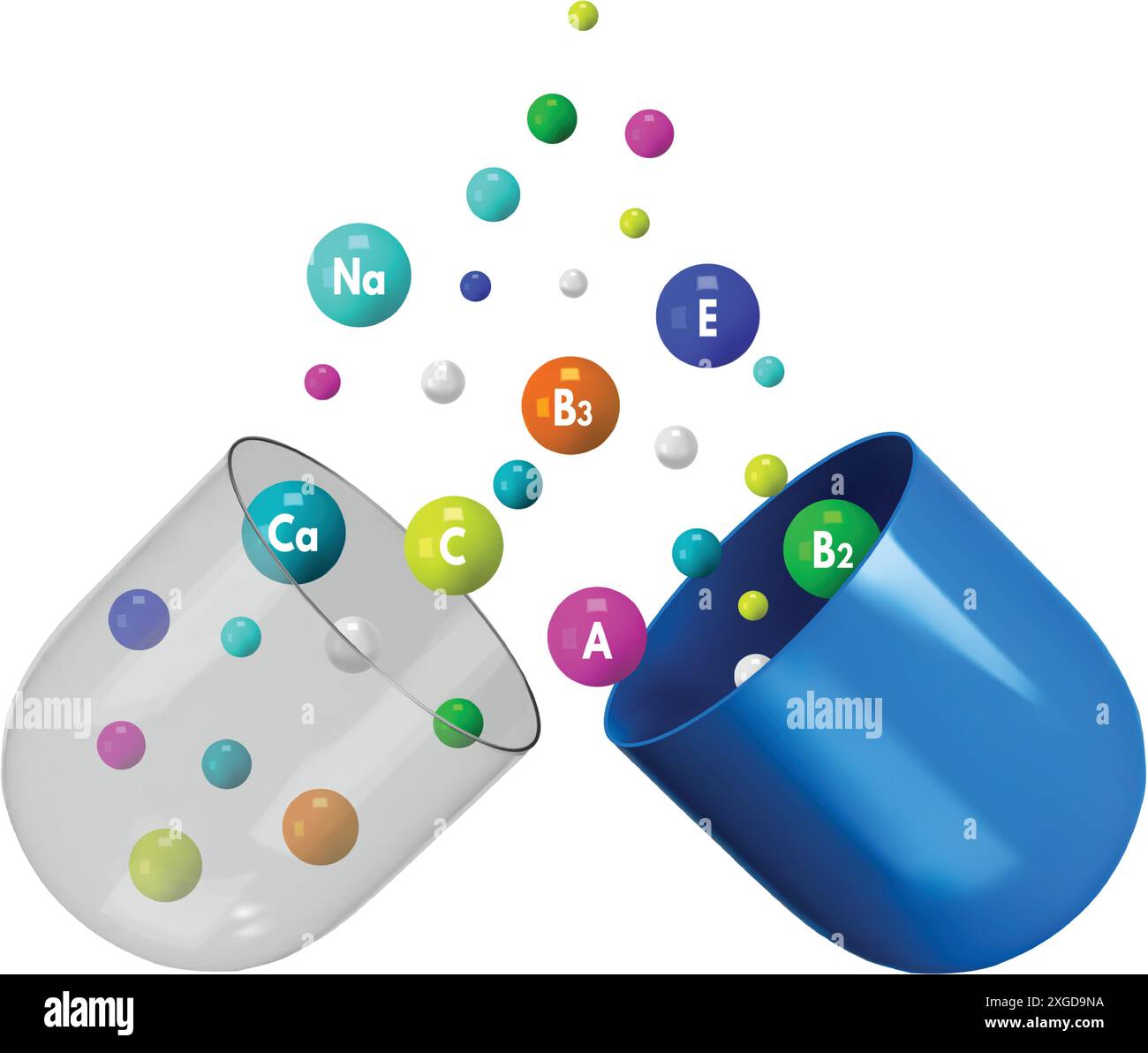 Multivitamin capsule pill. Open capsule shell with colorful complex ...