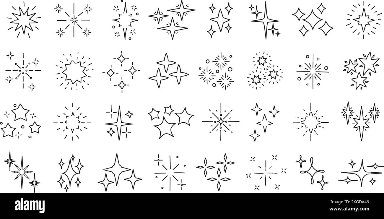 Hand drawn star glitter sparks. Sparkle and starburst icons, shiny doodle stars and magical ...