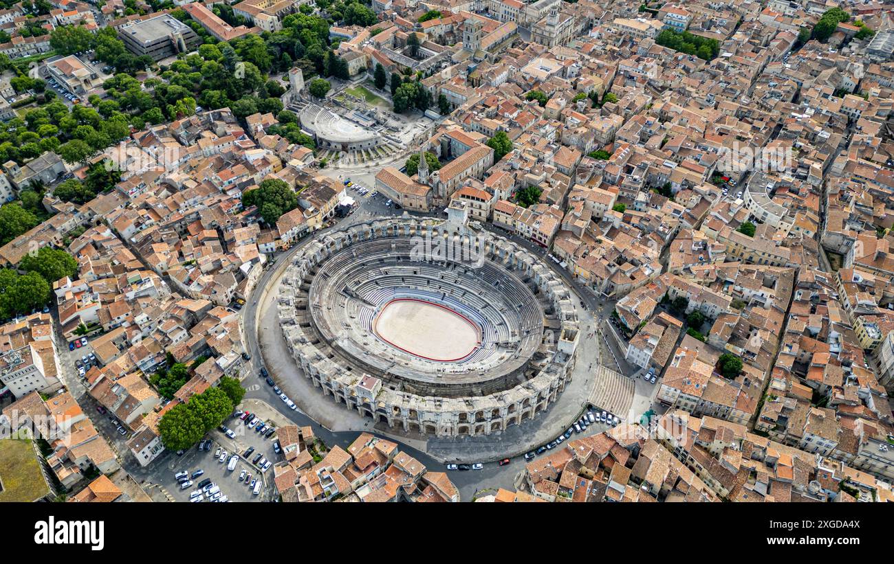 Aerial of the city with the Roman Amphitheatre, UNESCO World Heritage Site, Arles, Bouches du ...