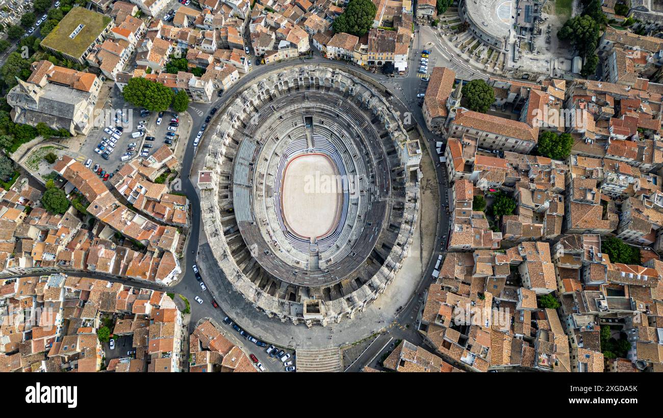 Aerial of the city with the Roman Amphitheatre, UNESCO World Heritage Site, Arles, Bouches du ...