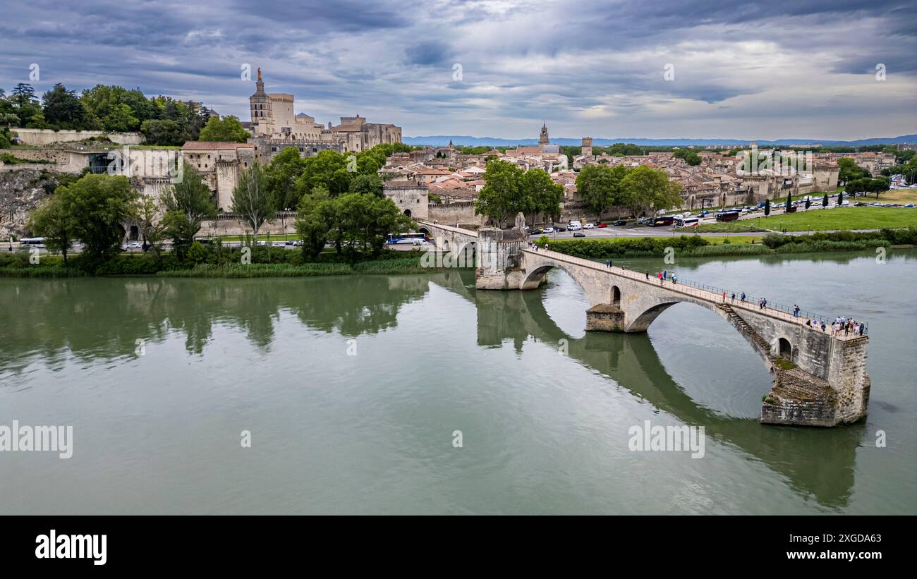 Aerial of the historic Bridge of Saint Benezet (Pont d'Avignon) with ...