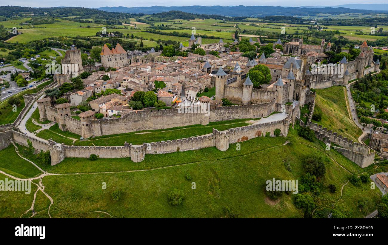 Aerial of the Cite de Carcassonne citadel, UNESCO World Heritage Site ...