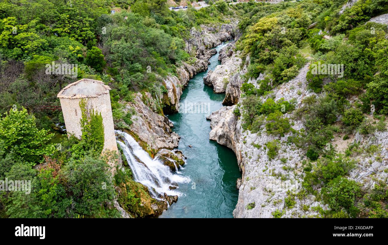 Aerial of an old watchtower in the Herault gorge, UNESCO World Heritage ...