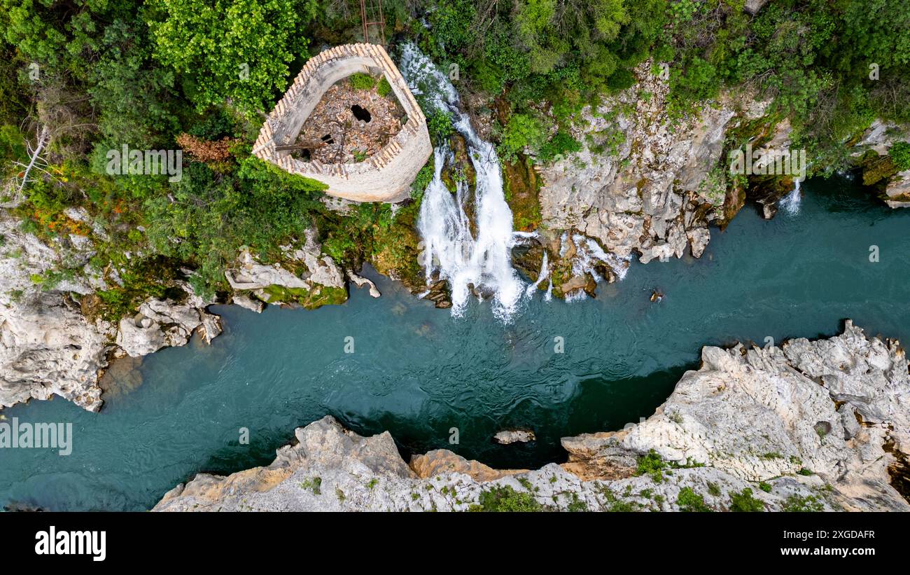 Aerial of an old watchtower in the Herault gorge, UNESCO World Heritage ...