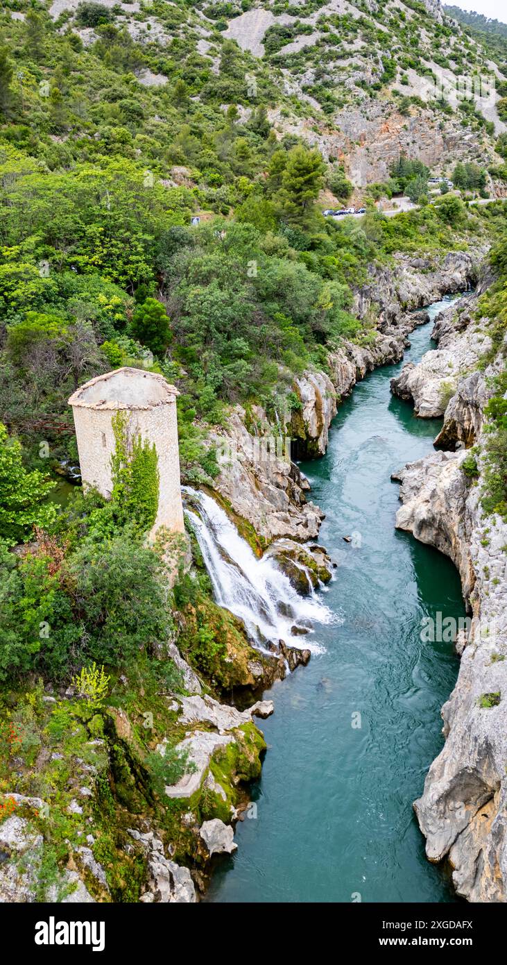 Aerial of an old watchtower in the Herault gorge, UNESCO World Heritage ...