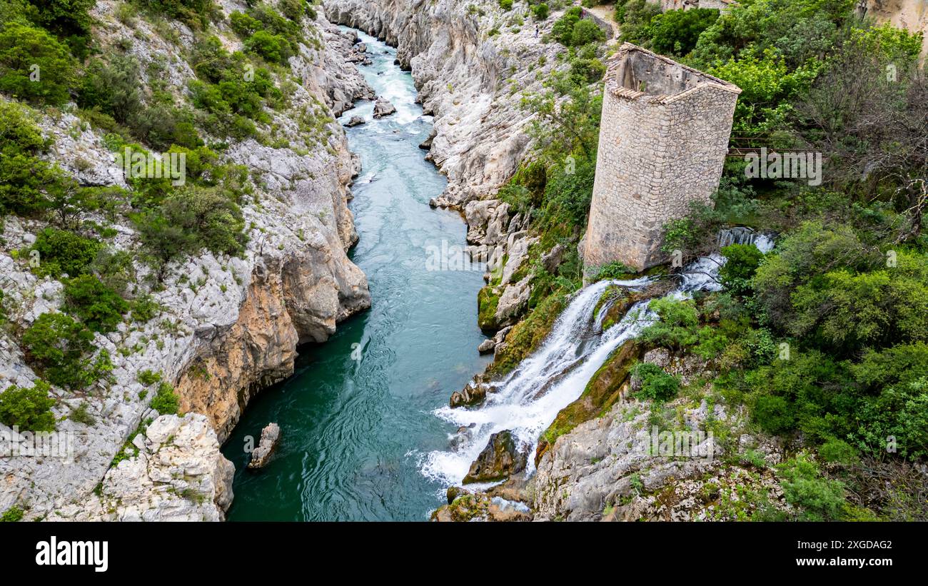 Aerial of an old watchtower in the Herault gorge, UNESCO World Heritage ...