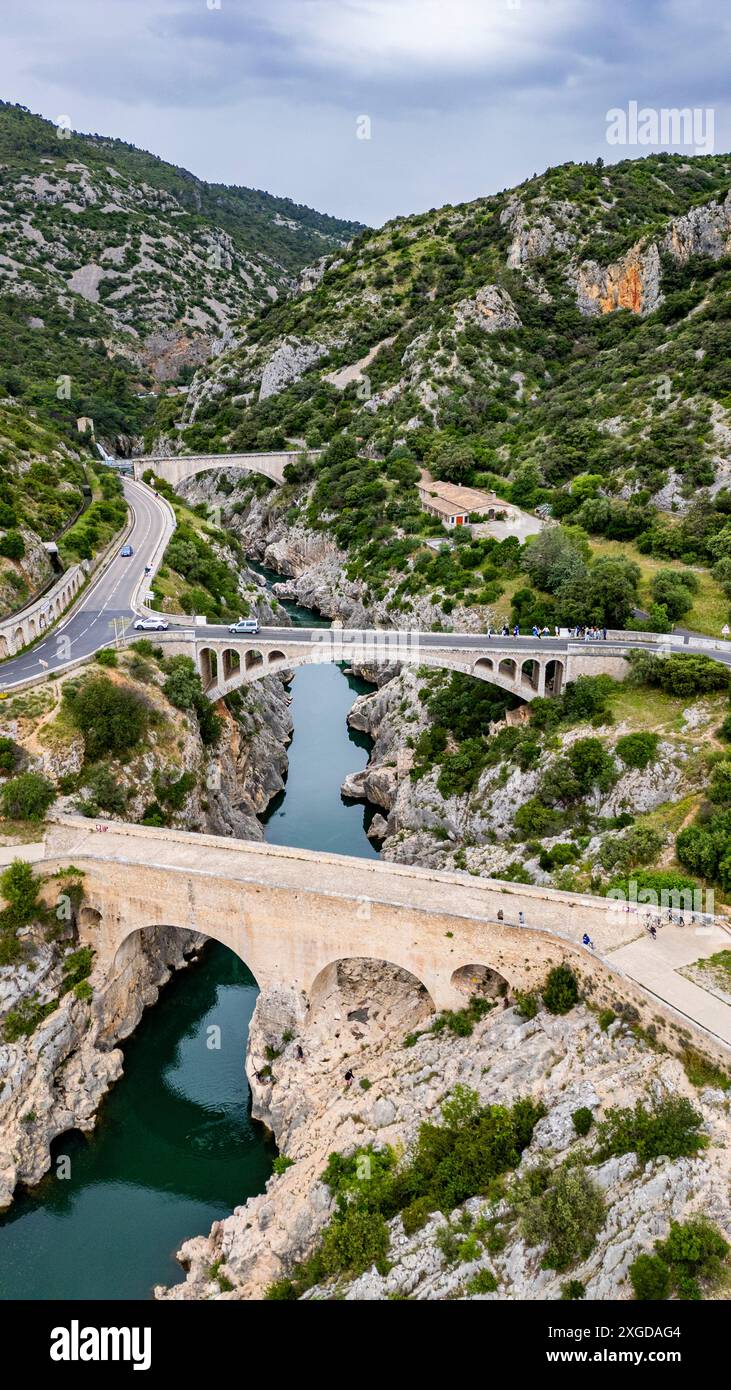 Aerial of the Pont du Diable (Saint-Jean-de-Fos), UNESCO World Heritage ...