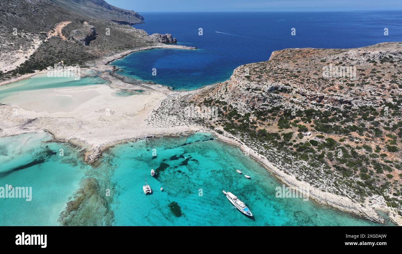 Aerial view of Balos Lagoon, Balos Beach and Cape Tigani, Gramvousa ...