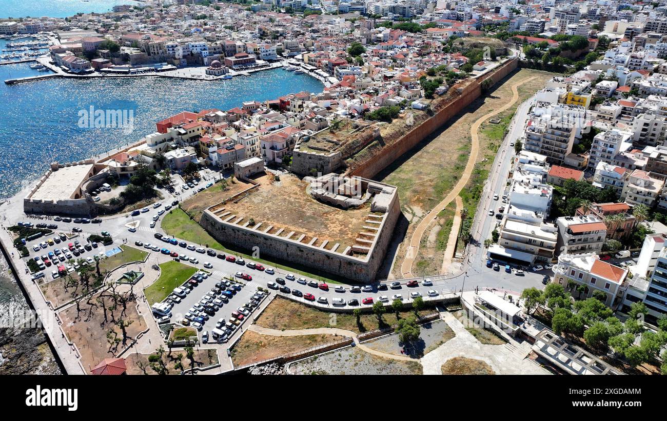 Aerial view of the Venetian port of Chania, Fort San Salvador, Crete ...