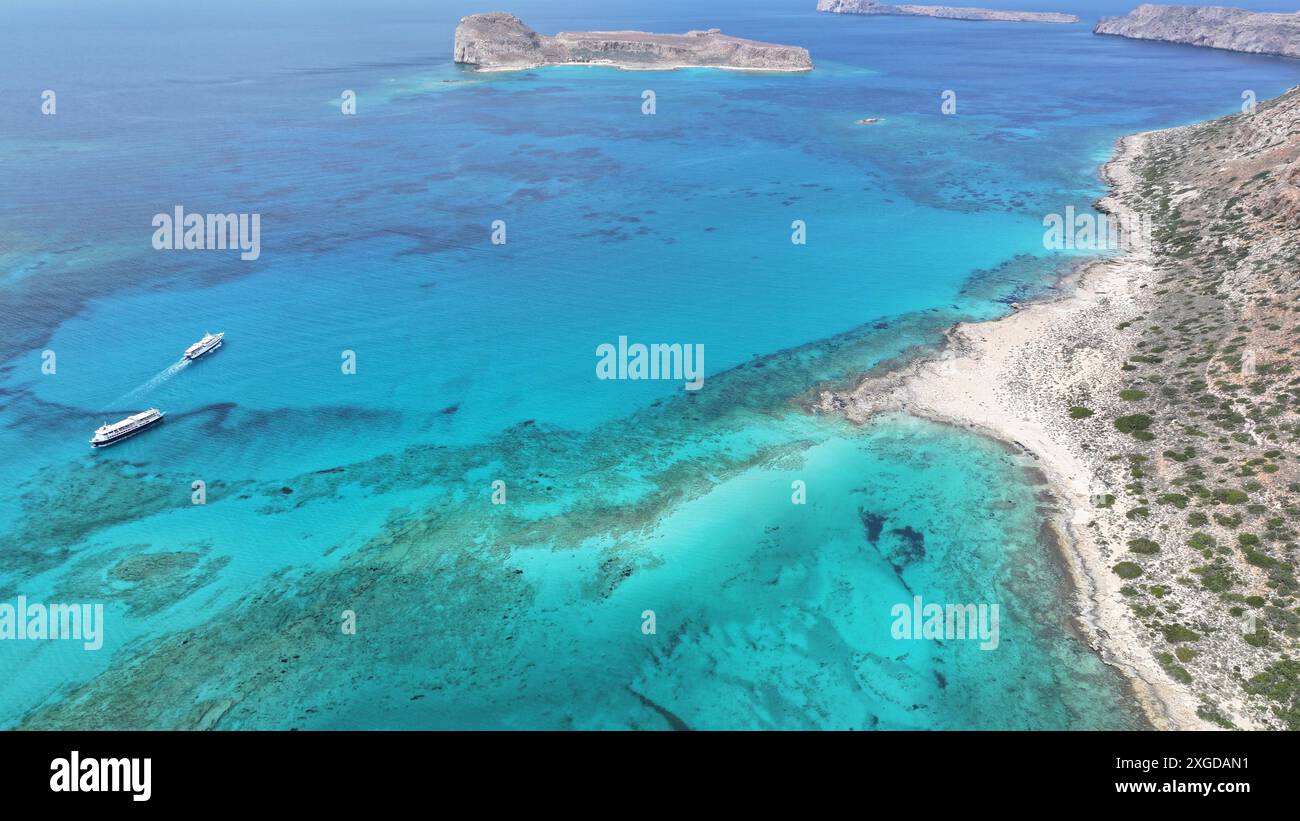 Aerial view of Balos Lagoon, Balos Beach and Cape Tigani, Gramvousa ...
