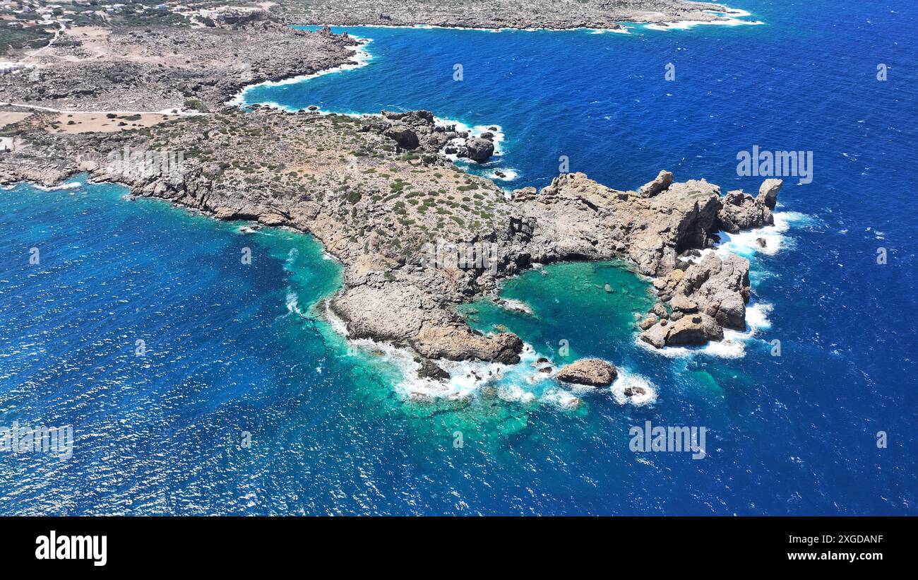Aerial view of a small peninsula with lagoon near Elafonisi Beach ...