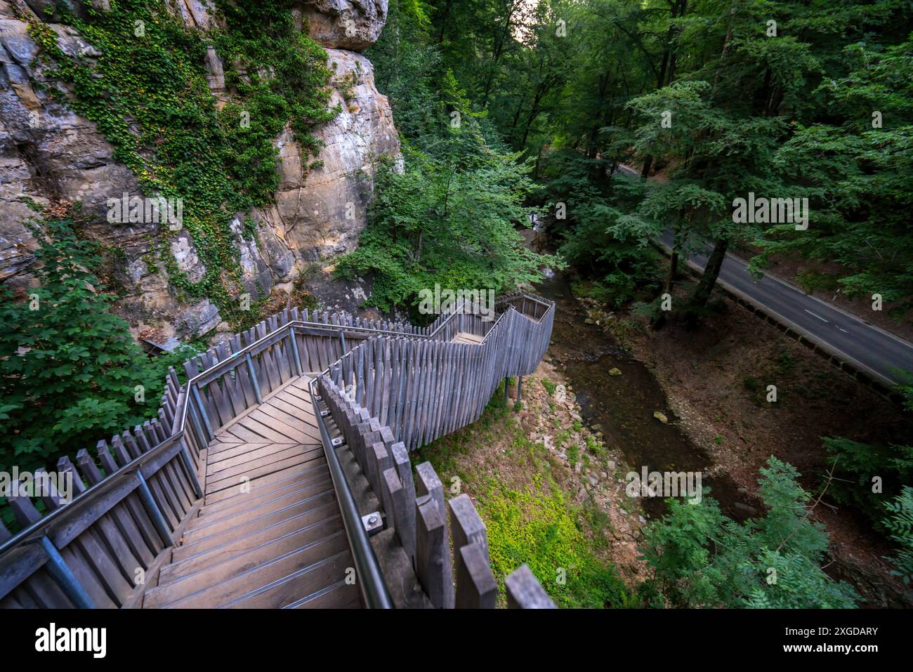 Wooden staircase in Mullerthal hiking trail in the forest, Echternach ...