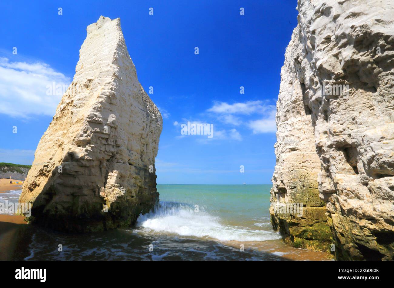 Chalk stacks and cliffs, Botany Bay, near Margate, Kent, England ...