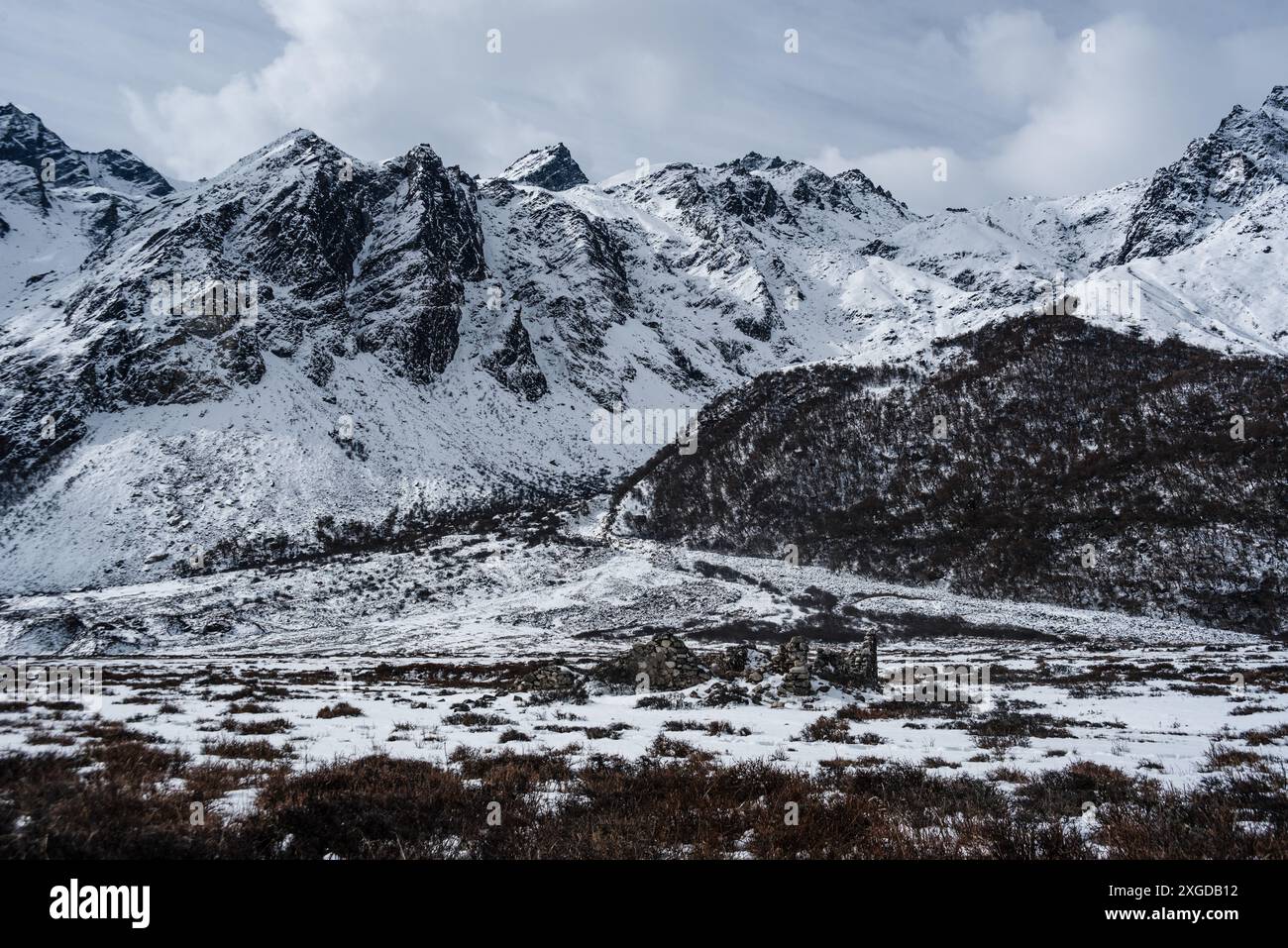 Rugged summits, high altitude winter valley on the Langtang trek in Kyanjin Gompa, Himalayas ...