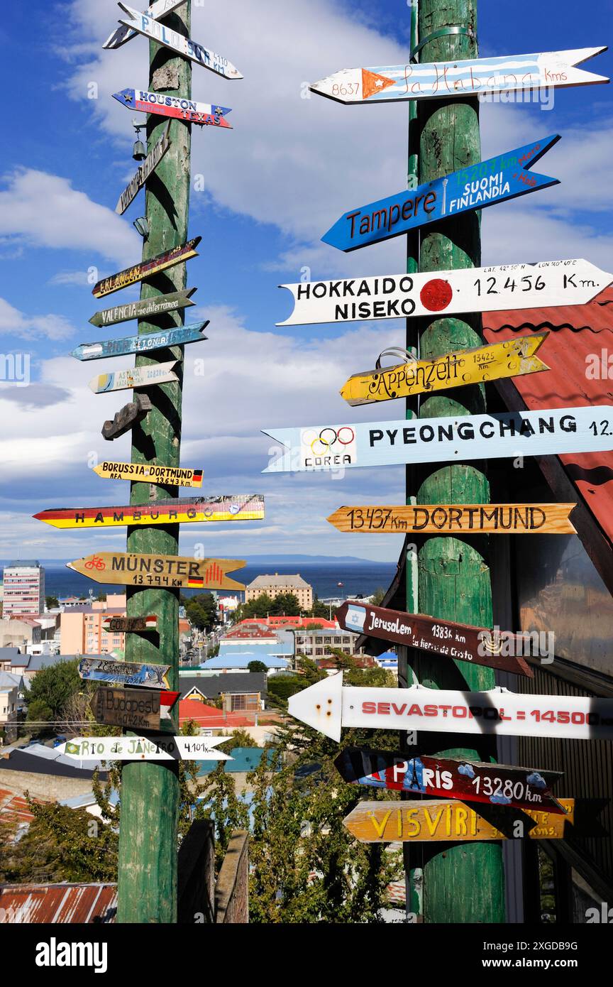 Sign post showing distance of some cities across the world from Punta ...