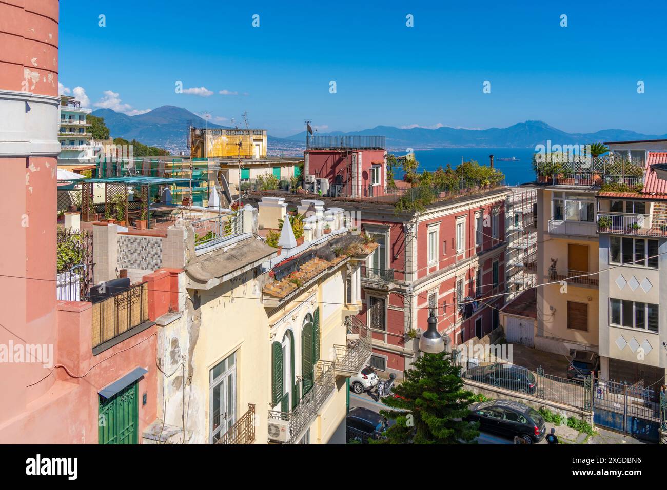 Elevated view of Naples and Amalfi Coast in background, Naples ...
