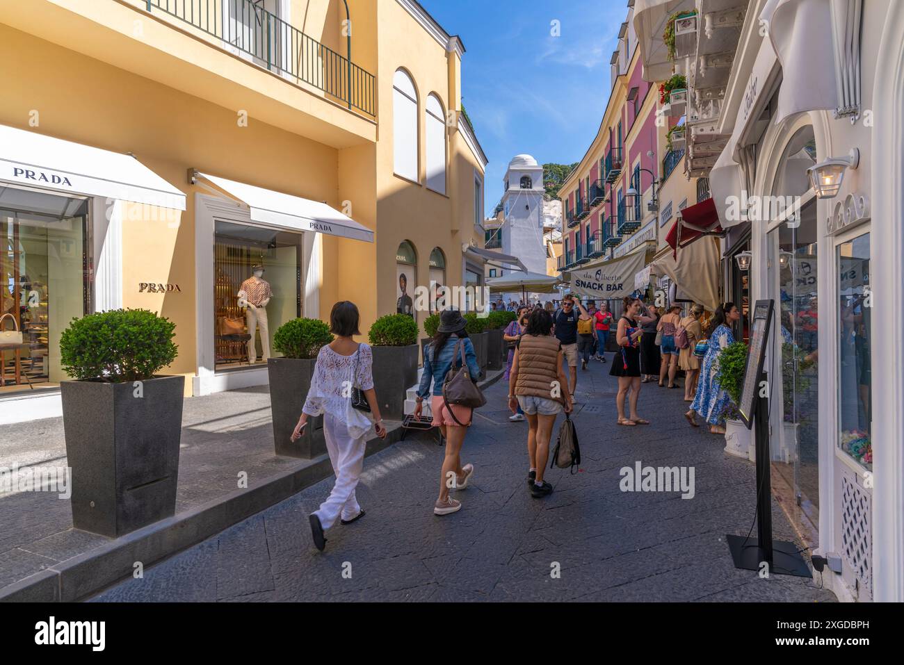 View of Clock Tower and cafe and shops on Via Roma, Capri Town, Isle of ...