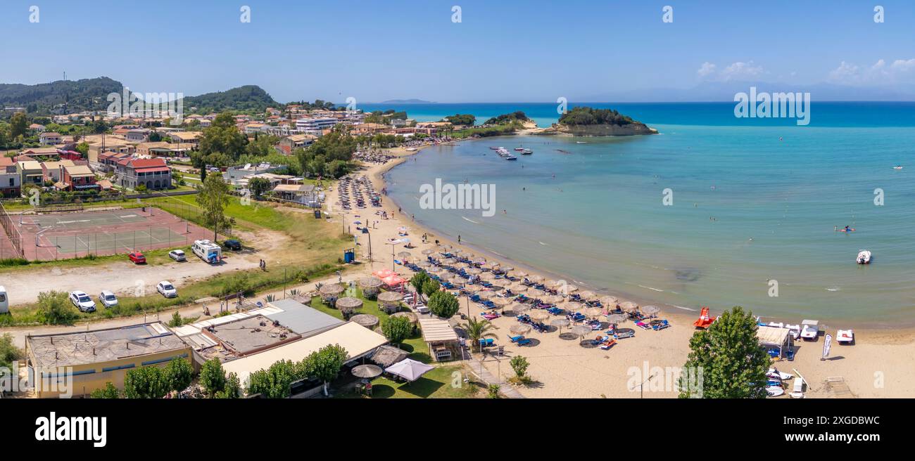 Aerial view of town and Paralia Sidari Beach, Sidari, Ionian Islands ...