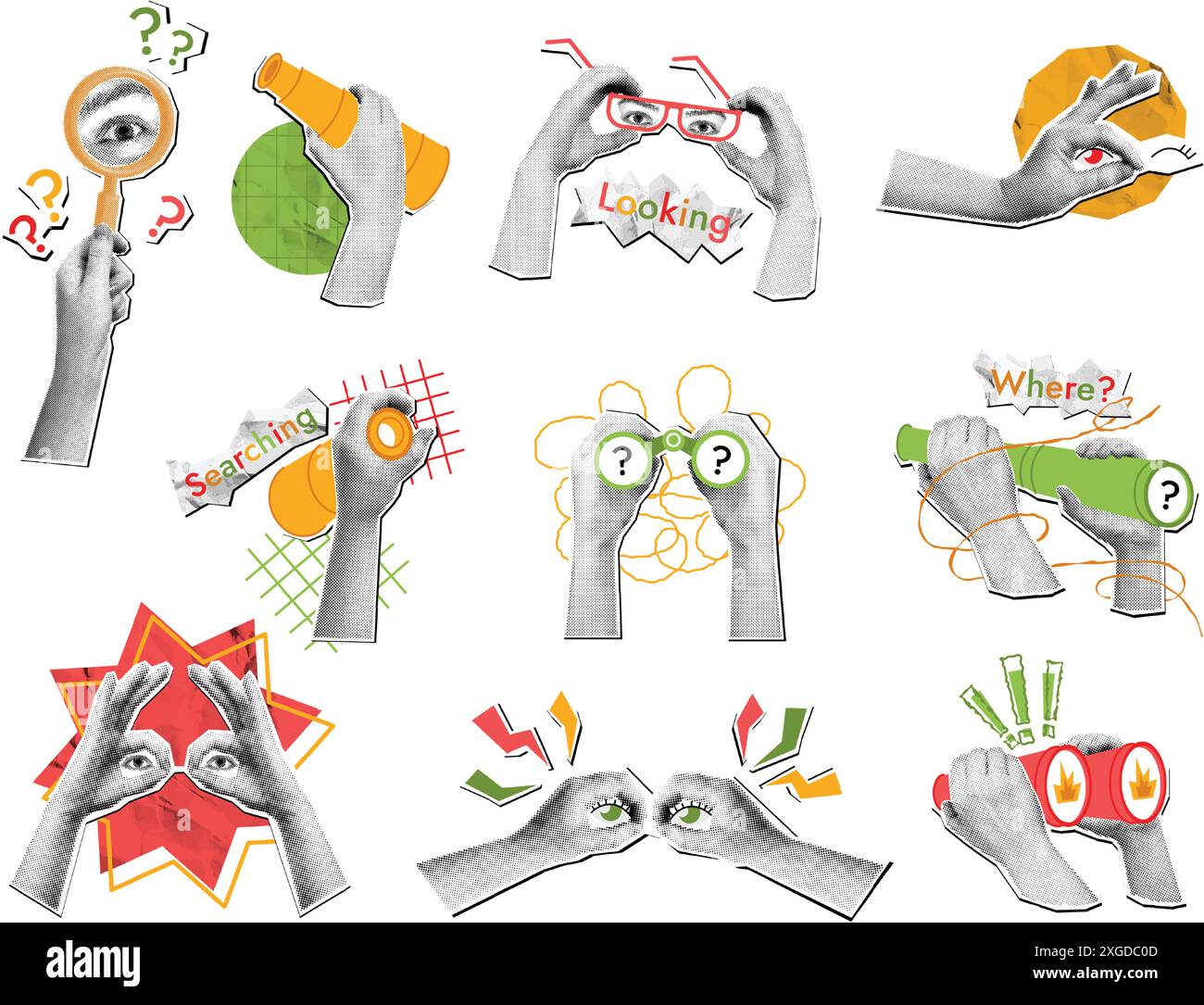 Mixed media looking hands. Halftone search and exploration stickers ...