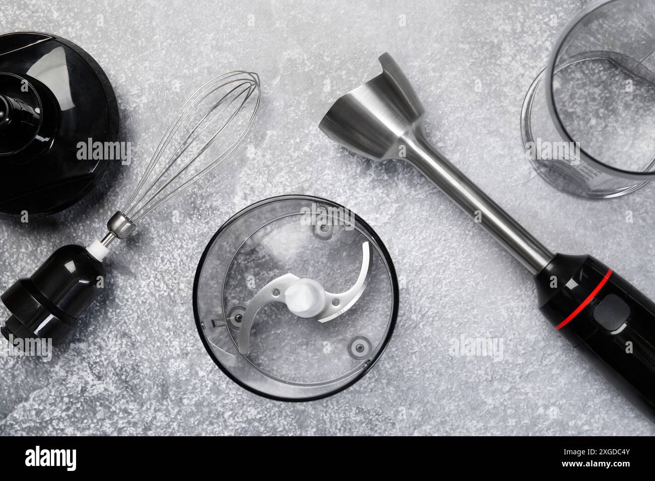 Hand blender kit on grey table, flat lay Stock Photo - Alamy