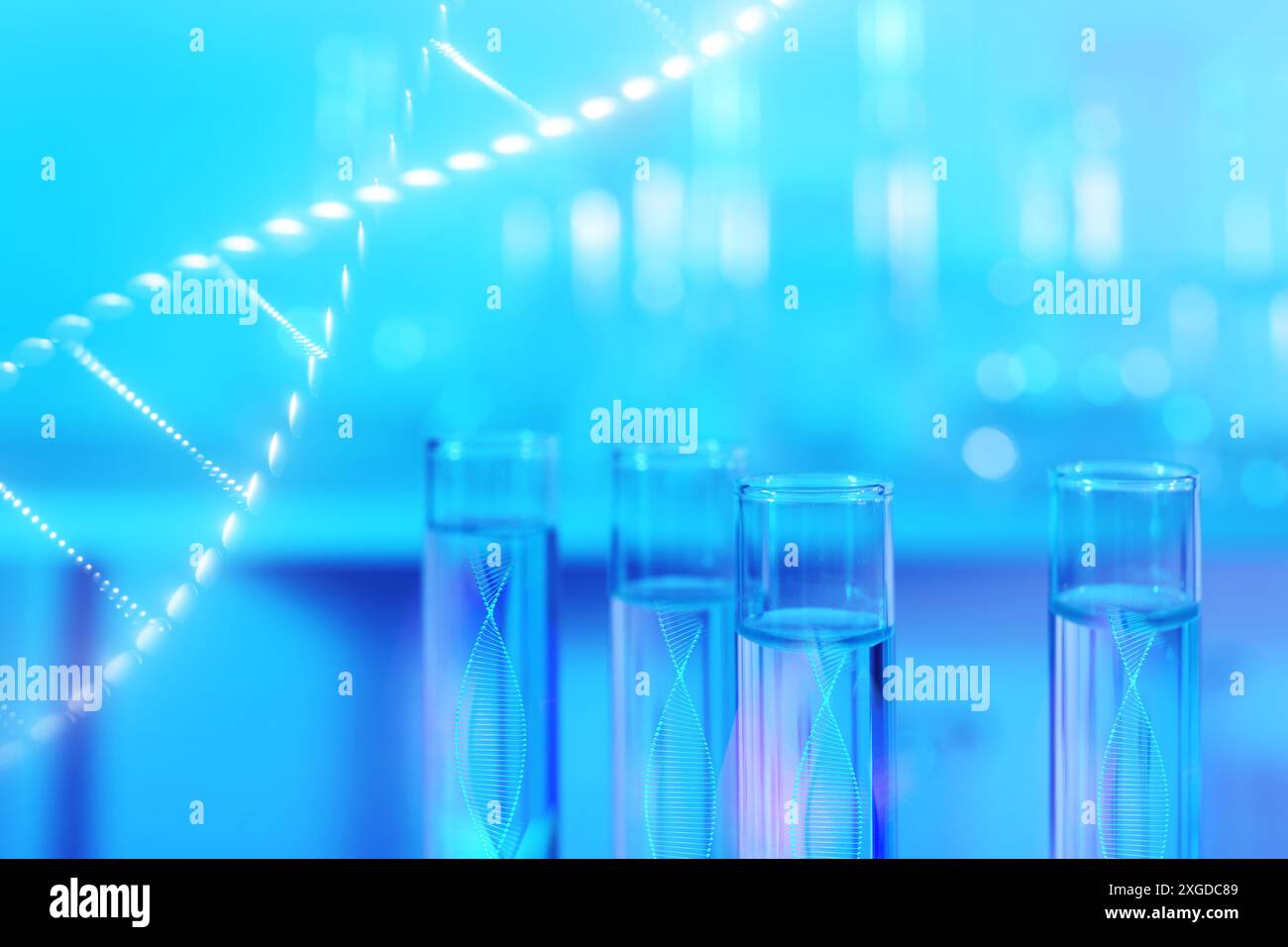 Illustrations of DNA and test tubes with samples, double exposure Stock ...