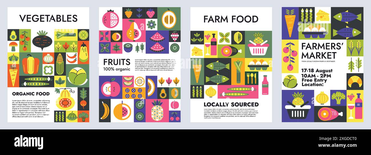 Organic food geometric mosaic poster. Farmers market invitation ...