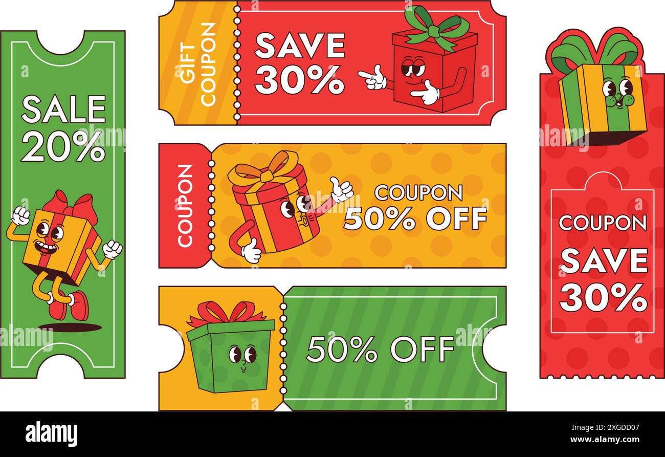 Gift voucher template. Discount tickets with happy cartoon gift box ...