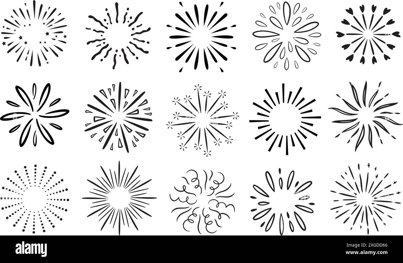 Doodle fireworks. Decorative sunburst rays, hand drawn radial sparkles ...