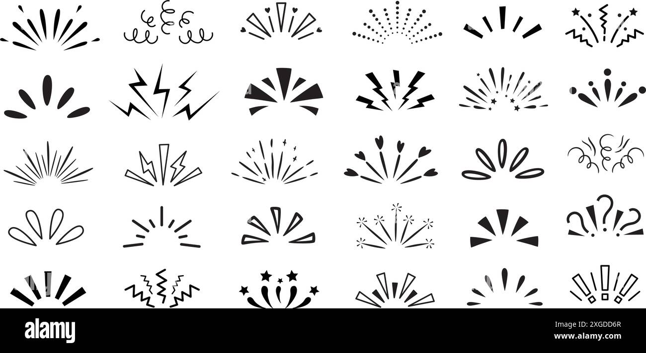 Doodle line sparkles. Surprise burst rays, hand drawn sunburst and ...