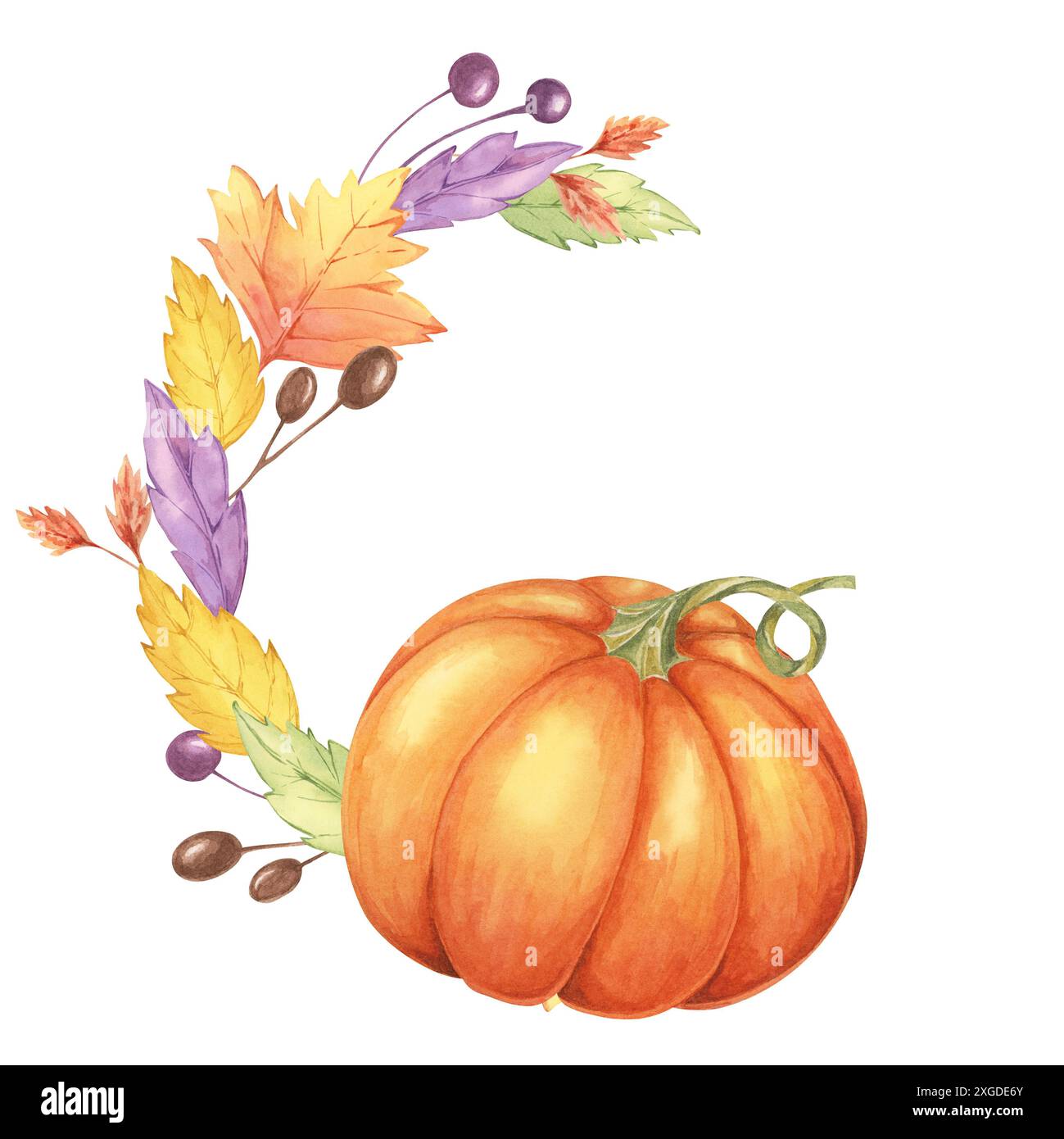 Autumn leaves and pumpkin watercolor wreath. Colorful Yellow, orange ...