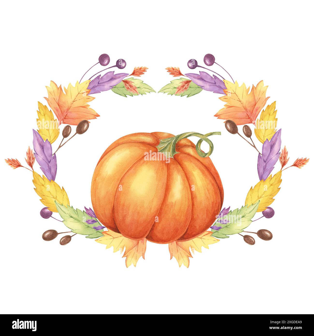 Autumn leaves and pumpkin watercolor wreath. Colorful Yellow, orange ...