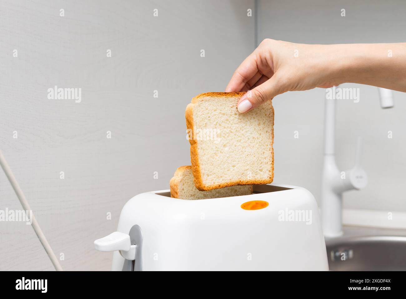 woman's hand putting bread into the toaster. housewife frying bread in ...