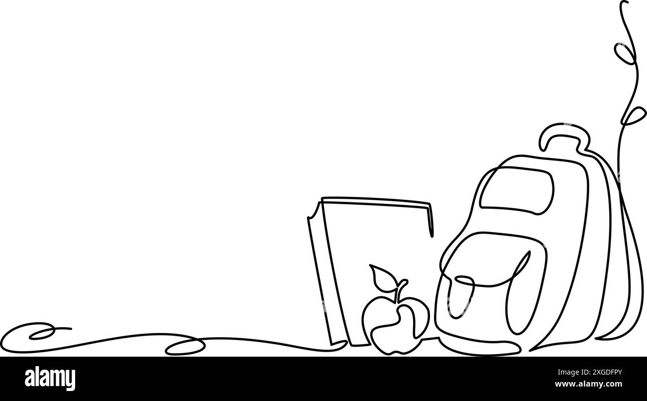 Back to school decoration. Continuous one line drawing of book, apple ...