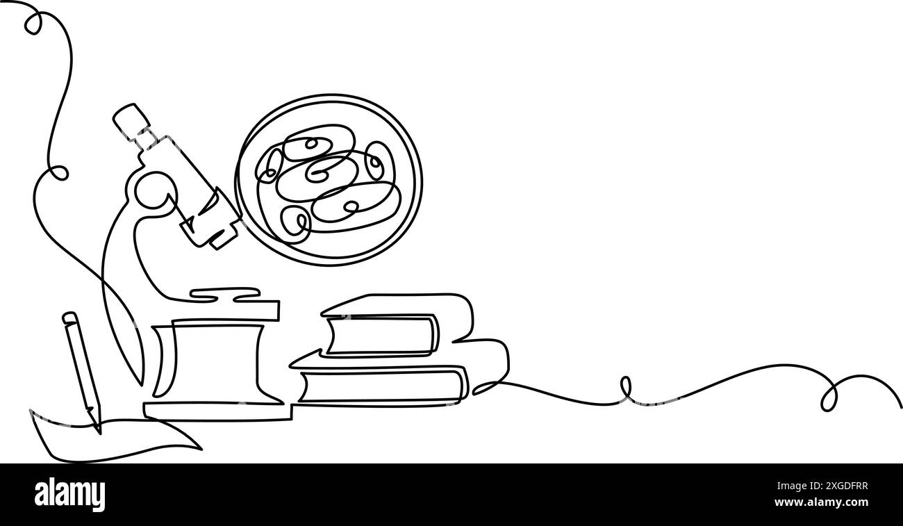 Microscope with bio cells, books and notes. Continuous one line drawing ...
