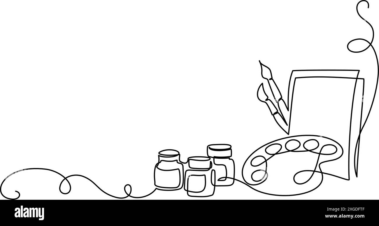 Brushes, painting palette, paints and canvas. Continuous one line ...