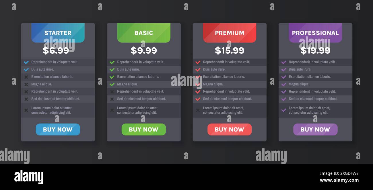 Price comparison layout. Tariff tier, pricing table with options for Starter, Basic, Premium and ...