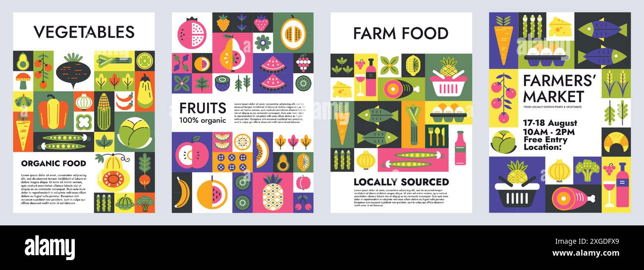 Organic food geometric mosaic poster. Farmers market invitation ...