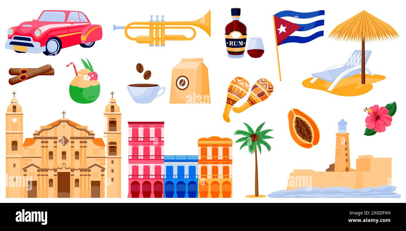 Travel to Cuba vector icons and design elements set. Traditional cuban ...