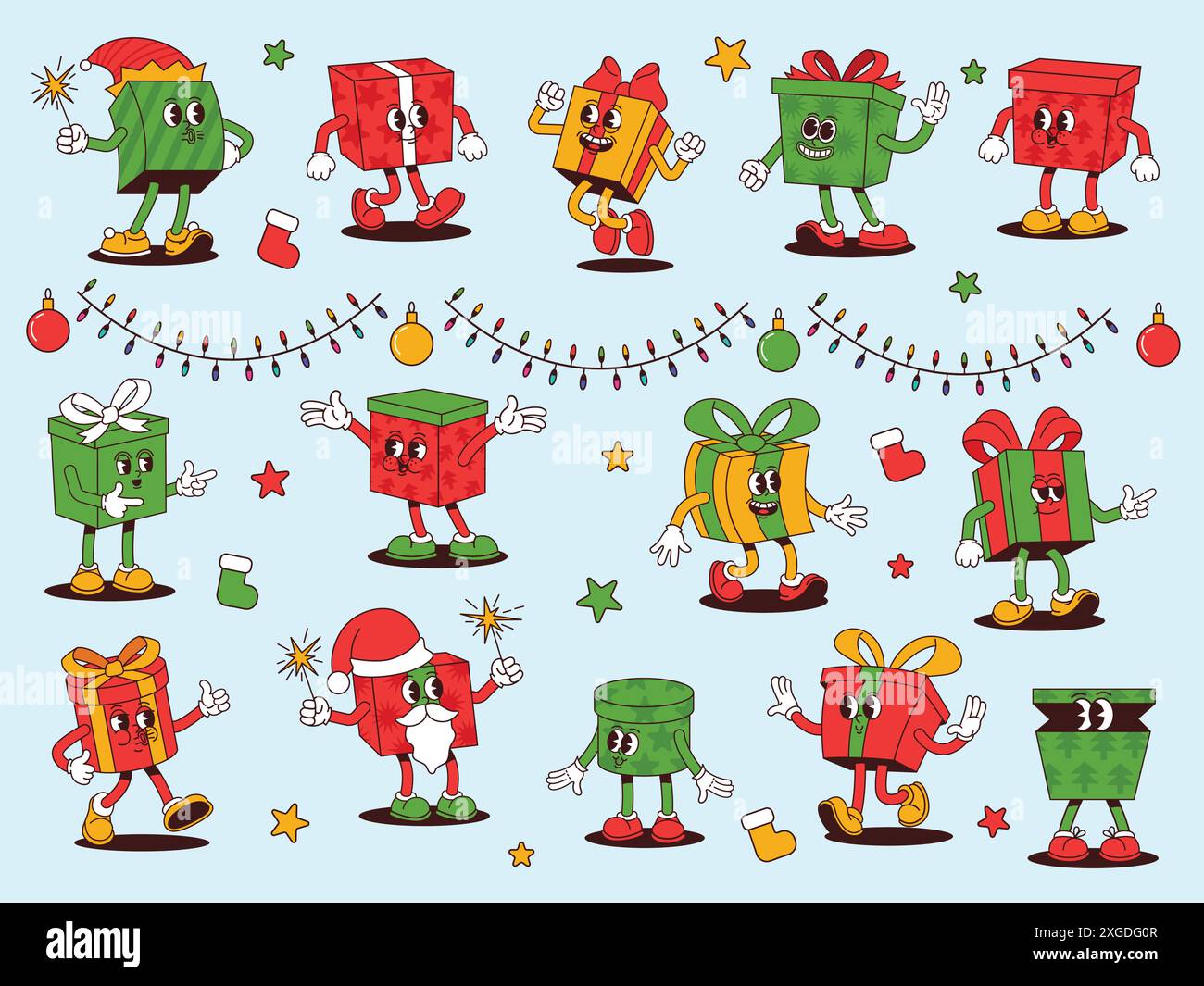 Retro cartoon Christmas gift mascots. Groovy gift box characters for ...