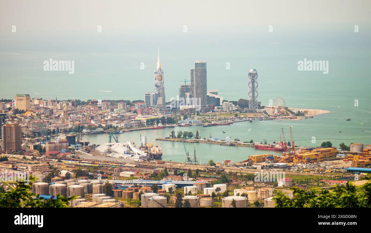 Aerial view of Batumi modern skyline with distinctive skyscrapers, busy ...