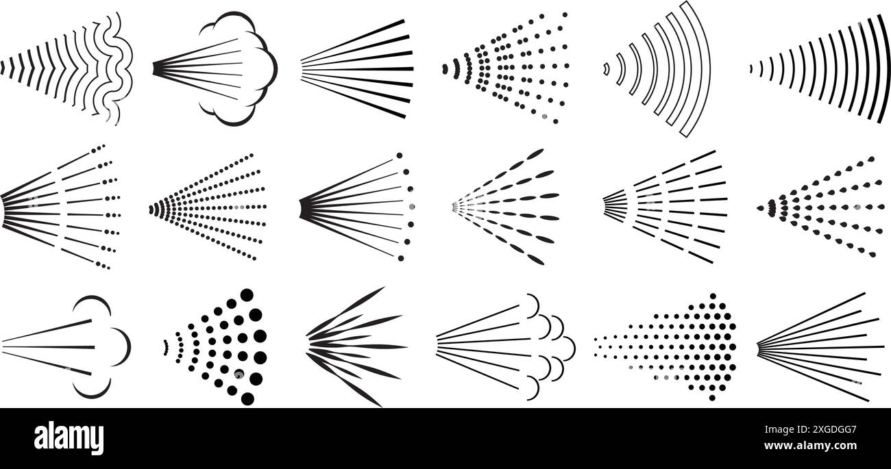 Spray symbols. Aerosol sprayed line, steam nozzle flow cloud, shower ...