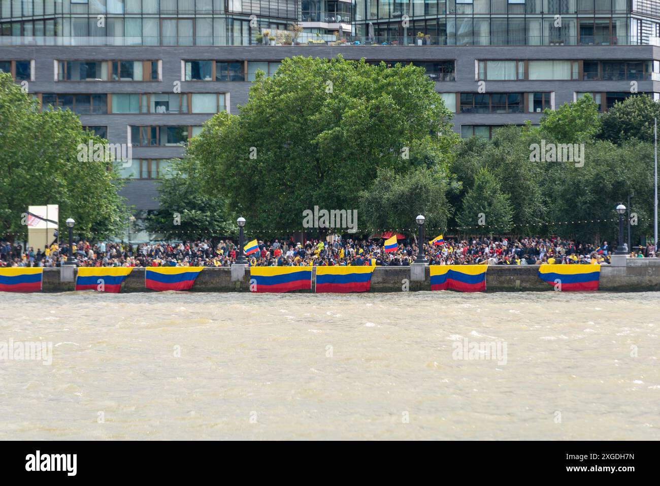 Colombian flags on the River Thames celebrating the visit of ARC Gloria ...