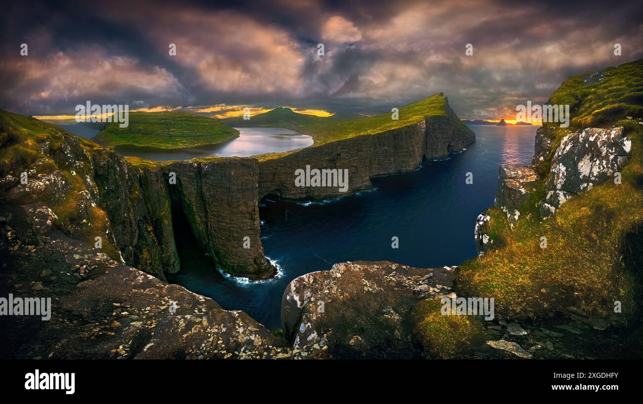 Incredible view of Sorvagsvatn lake on cliffs of Vagar island Faroe ...