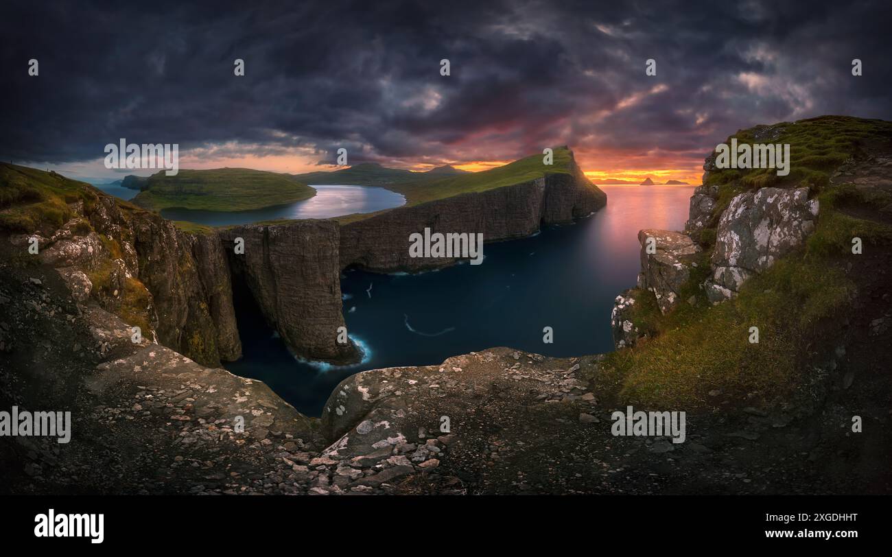 Incredible view of Sorvagsvatn lake on cliffs of Vagar island Faroe ...